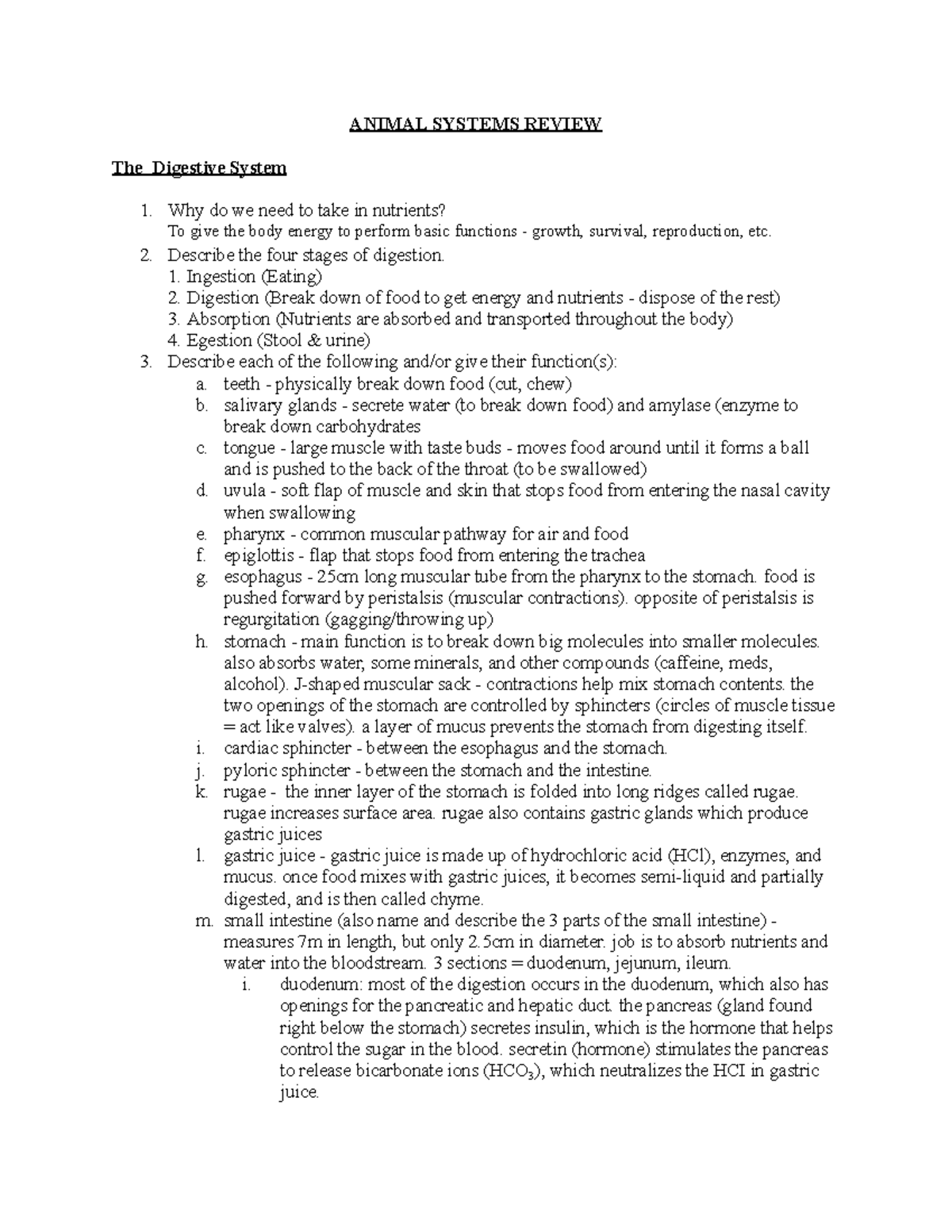 Animal systems test review - ANIMAL SYSTEMS REVIEW The Digestive System ...