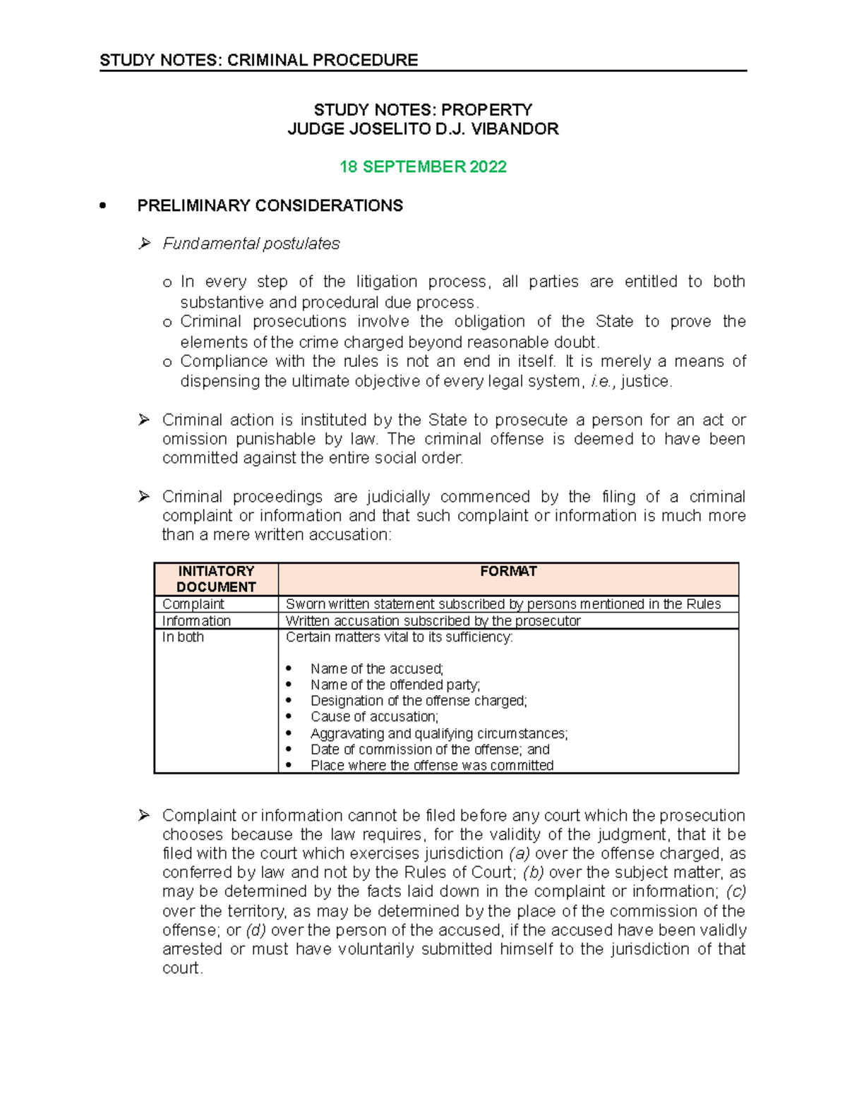 Study Notes Crim Pro - STUDY NOTES: CRIMINAL PROCEDURE STUDY NOTES ...