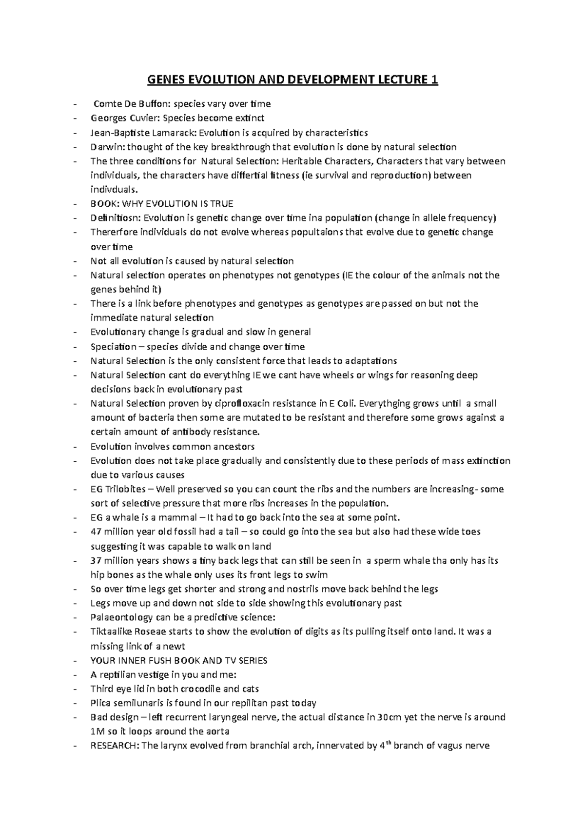 Evolution Lecture 1 notes for GED - GENES EVOLUTION AND DEVELOPMENT ...