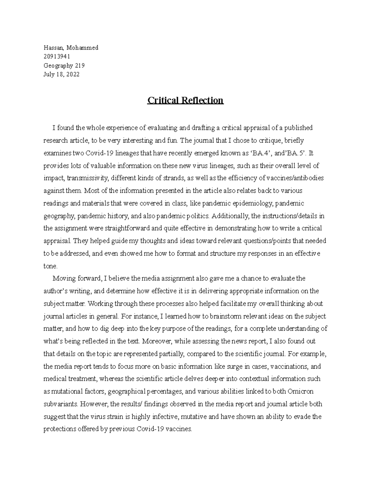 Hassan Mohammed Geog 219 Reflection final - Hassan, Mohammed 20913941 ...