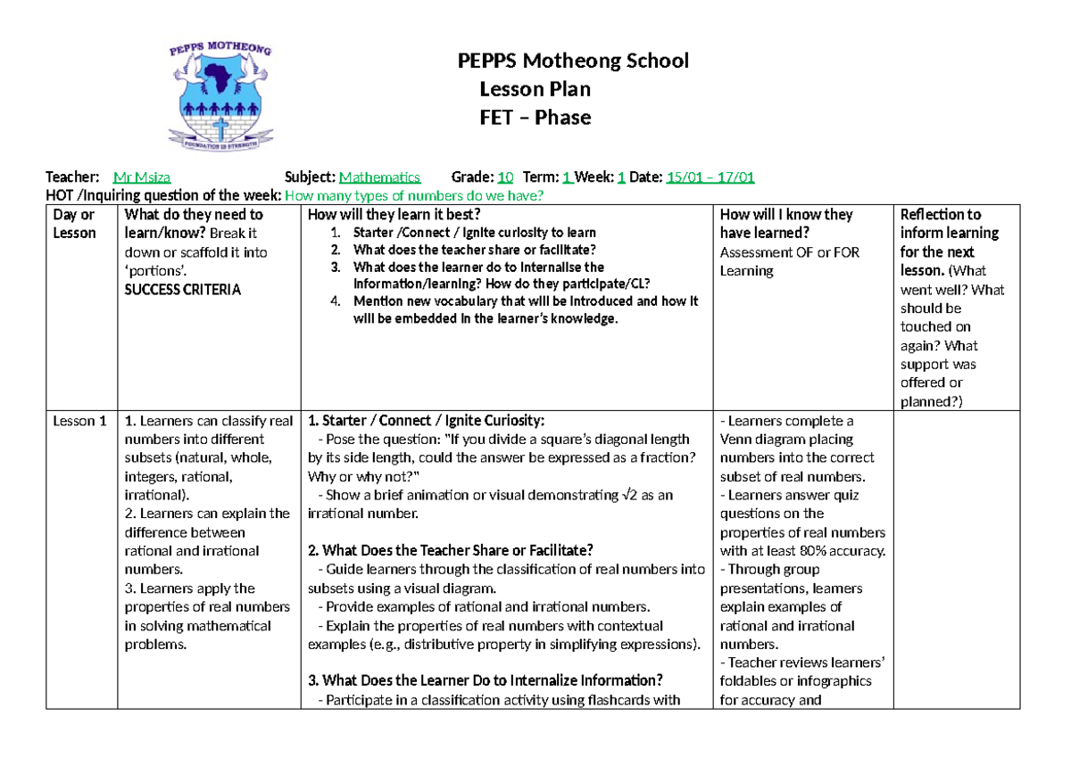 10 G10 Math Lesson Plan W1 - PEPPS Motheong School Lesson Plan FET ...