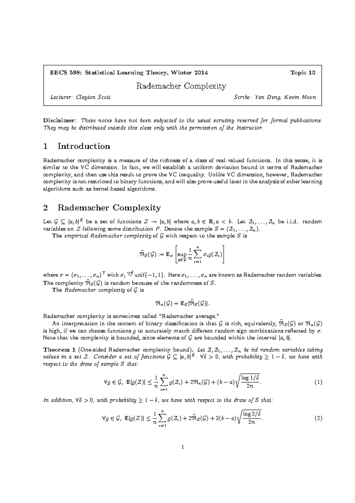 Lecture Notes Lecture 10 Rademacher Eecs 598 Statistical Learning Theory Winter 2014