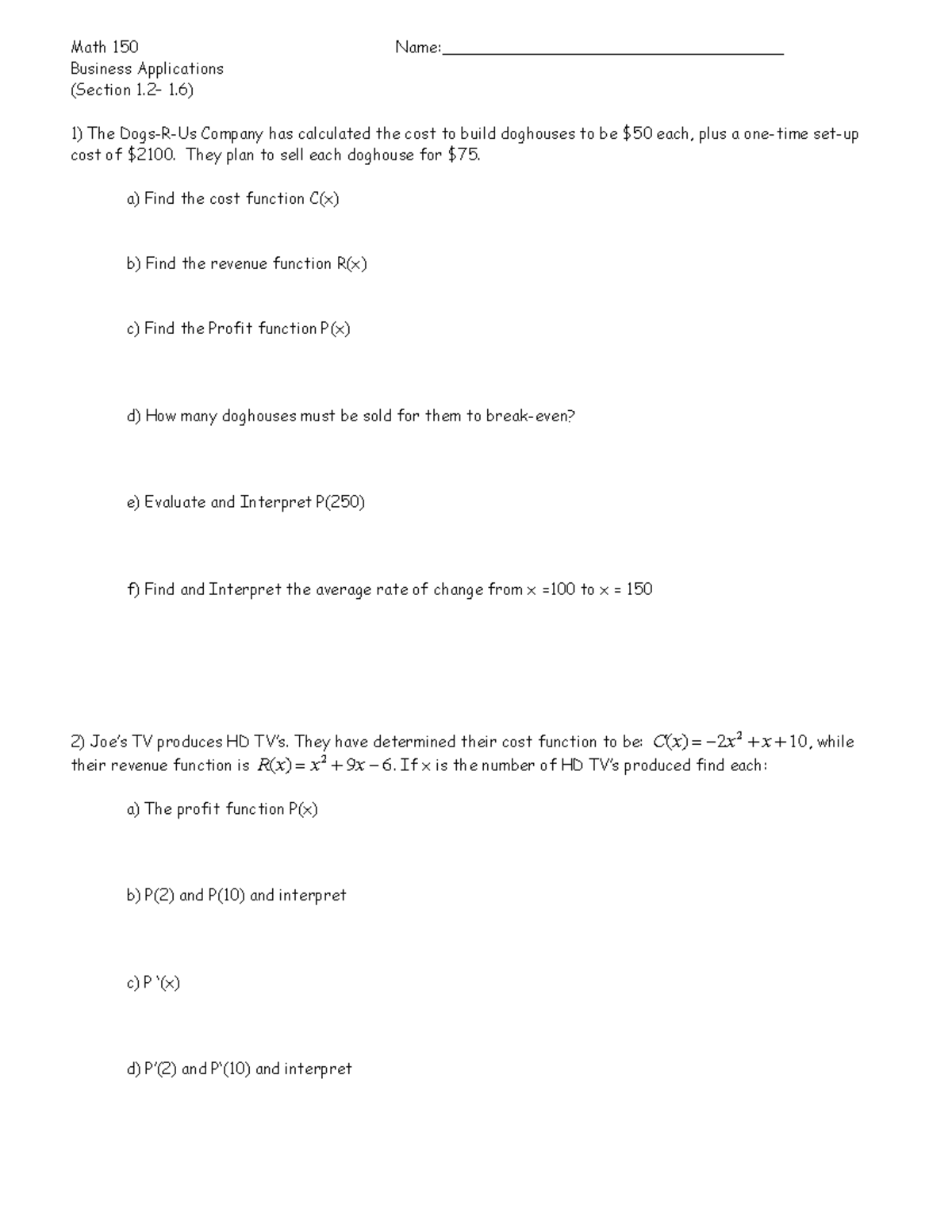 Math 150Applications Ch 1 - Math 150 Name ...