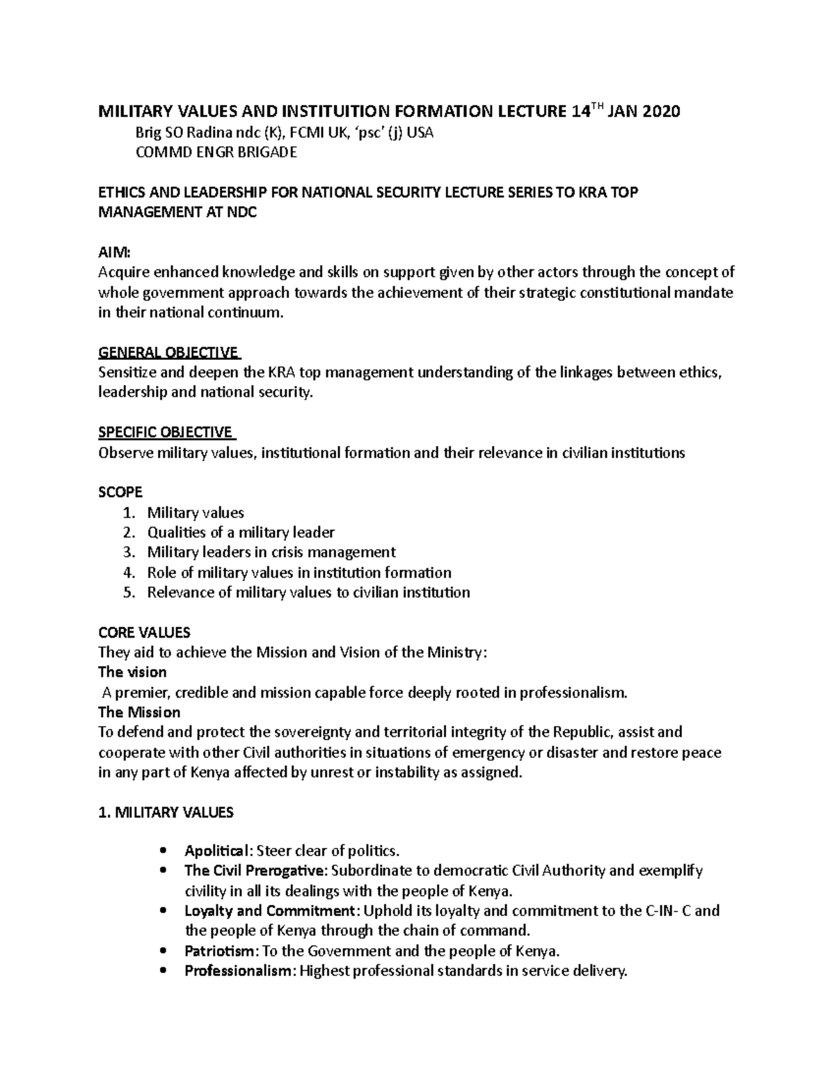 Document 1 - values and ethics - MILITARY VALUES AND INSTITUITION ...