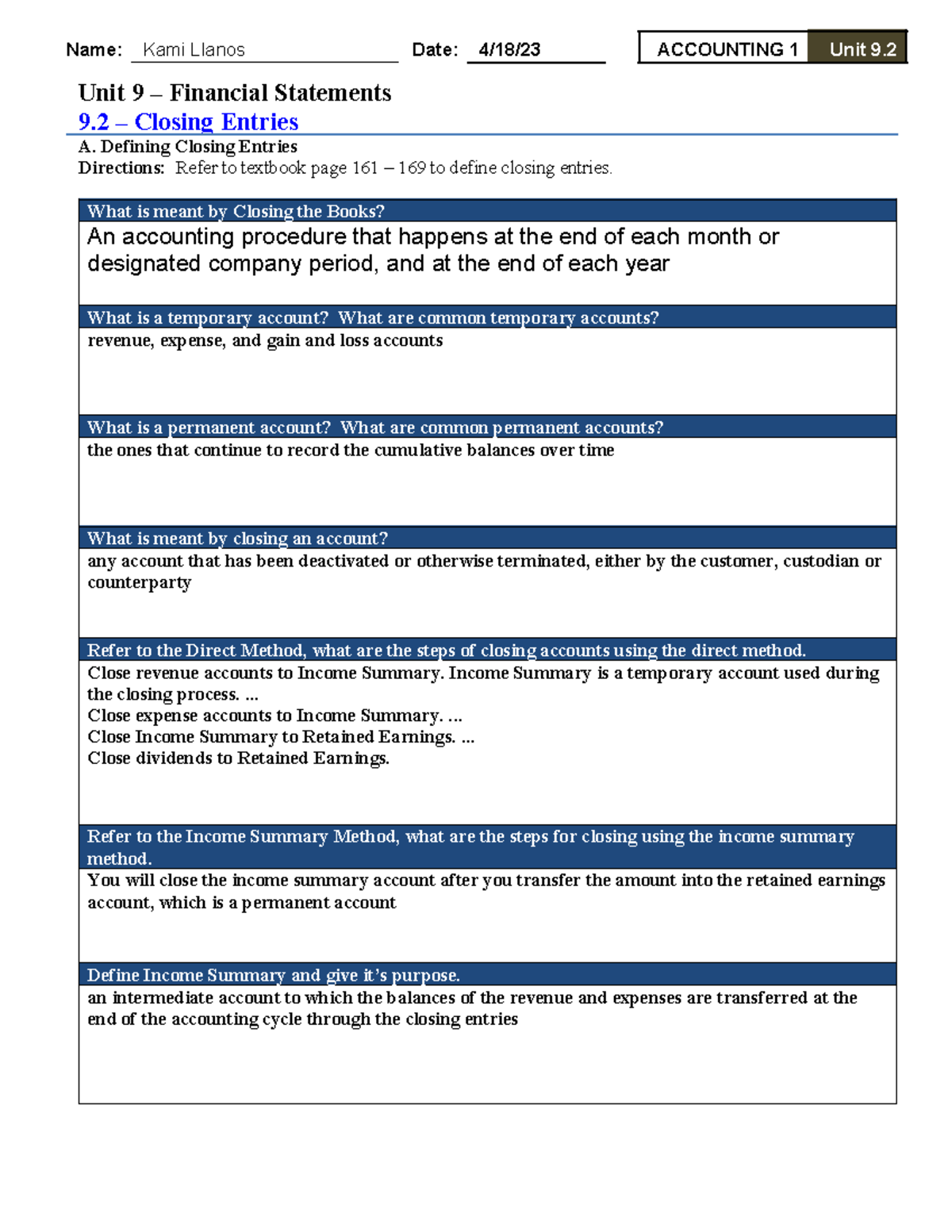 Closing Entries 2022 KEY - Unit 9 – Financial Statements 9 – Closing ...
