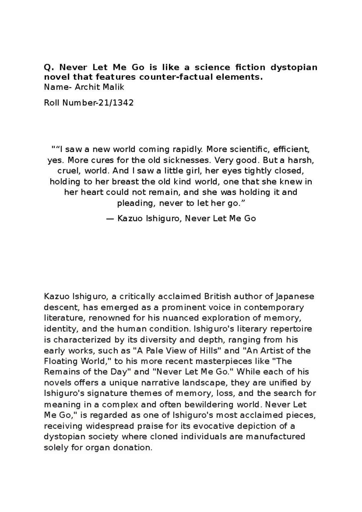 Ishiguro Kazuo, Dystopian elements and narrative in the novel - Q ...