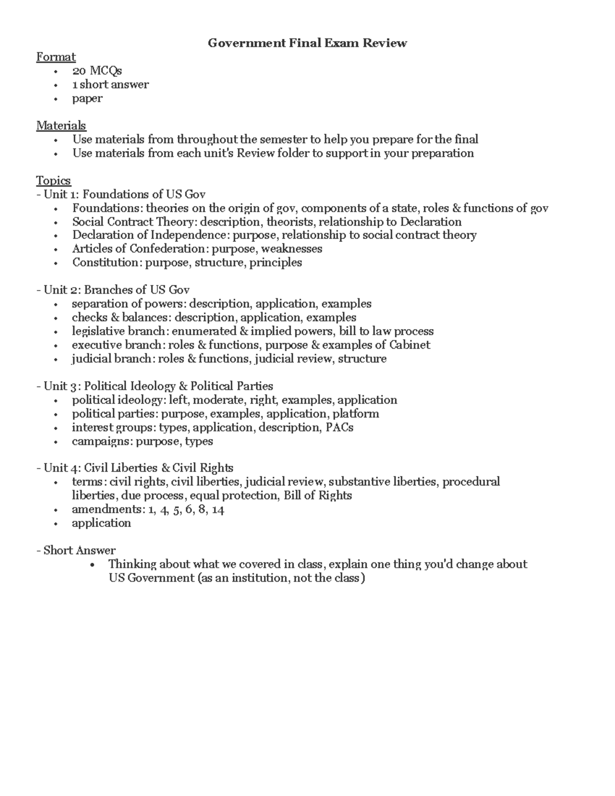 Gov final review - Government Final Exam Review Format • 20 MCQs • 1 ...
