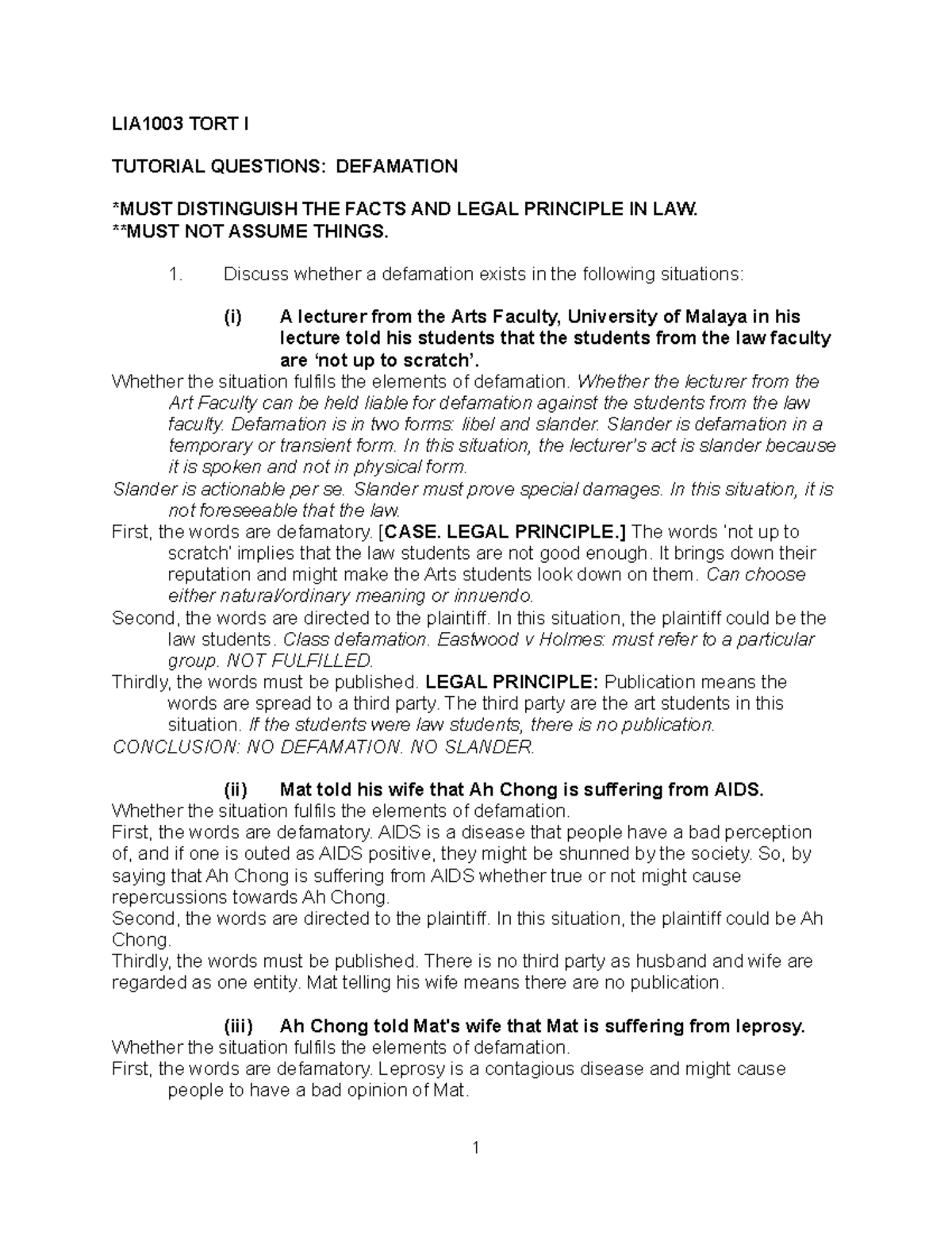 Tutorial Defamation - LIA1003 TORT I TUTORIAL QUESTIONS: DEFAMATION *MUST DISTINGUISH THE FACTS ...