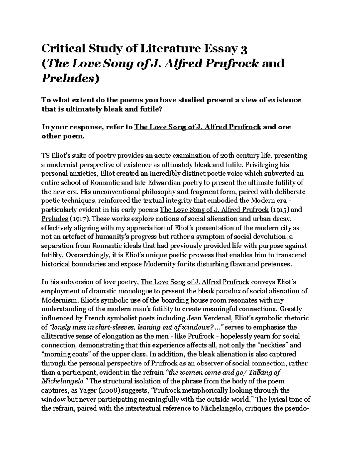 Critical Study of Literature Essay 3 (Prufrock + Preludes) - Critical ...