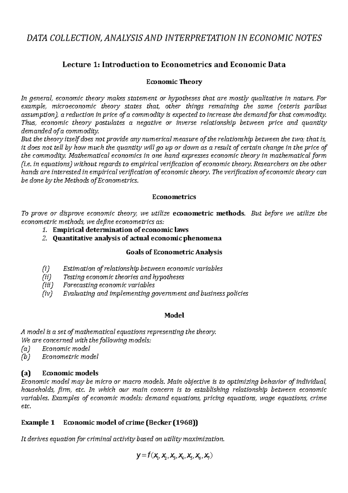Econometrics Notes - DATA COLLECTION, ANALYSIS AND INTERPRETATION IN ...
