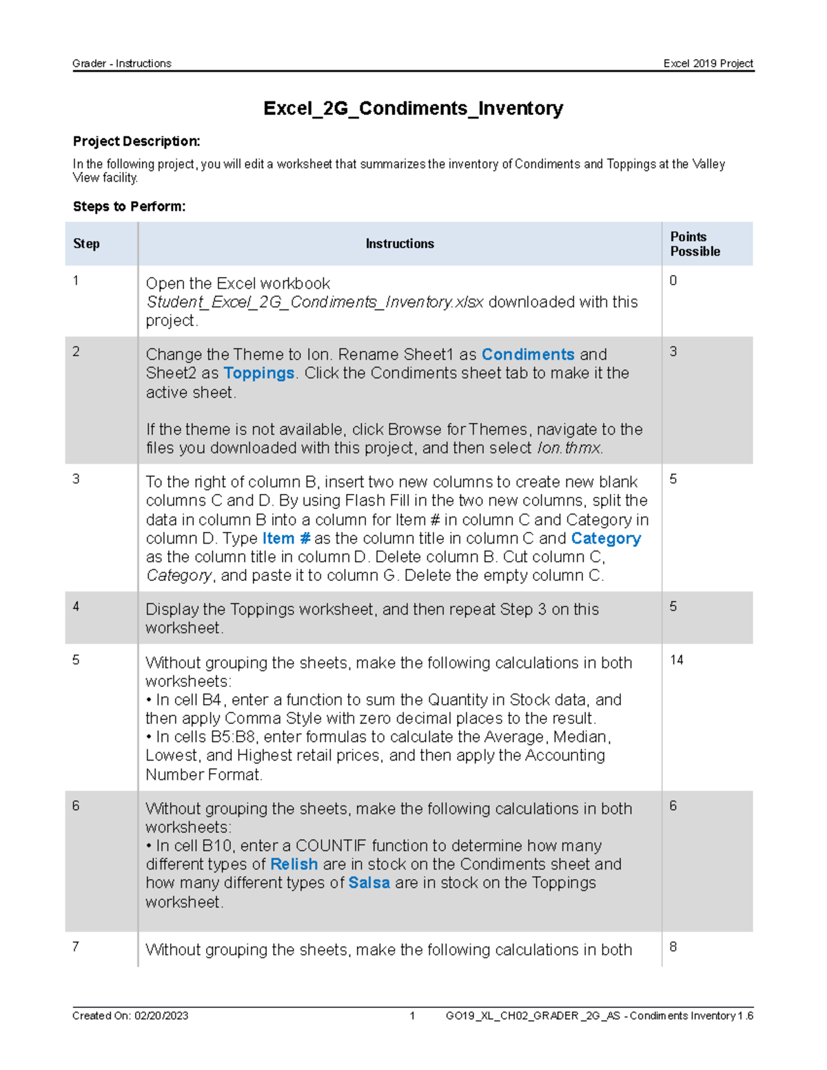 Excel 2G Condiments Inventory Instructions - Grader - Instructions Excel 2019 Project - Studocu