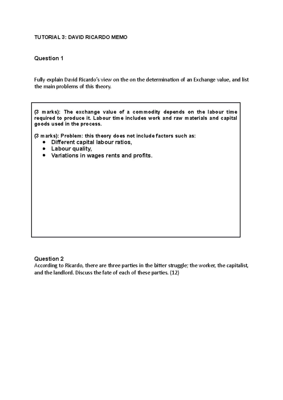 Economics 2C Tut 3 Memo - lecture notes - TUTORIAL 3: DAVID RICARDO ...