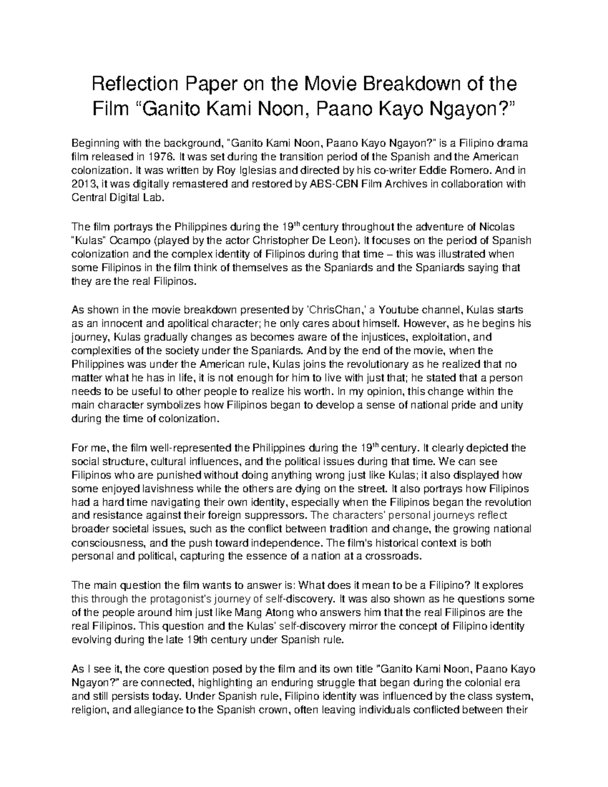 Reflection Paper on the Movie Breakdown of the Film GE9 - Reflection Paper on the Movie ...