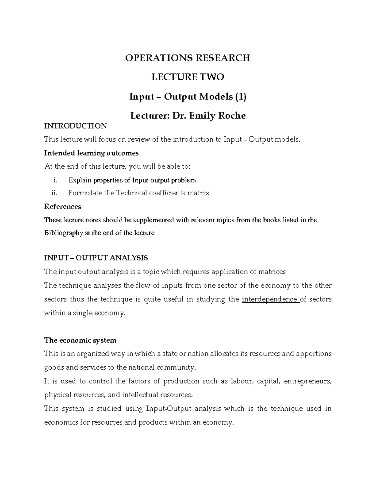 Operations Research Lecture Two Input Output Models 1 Operations