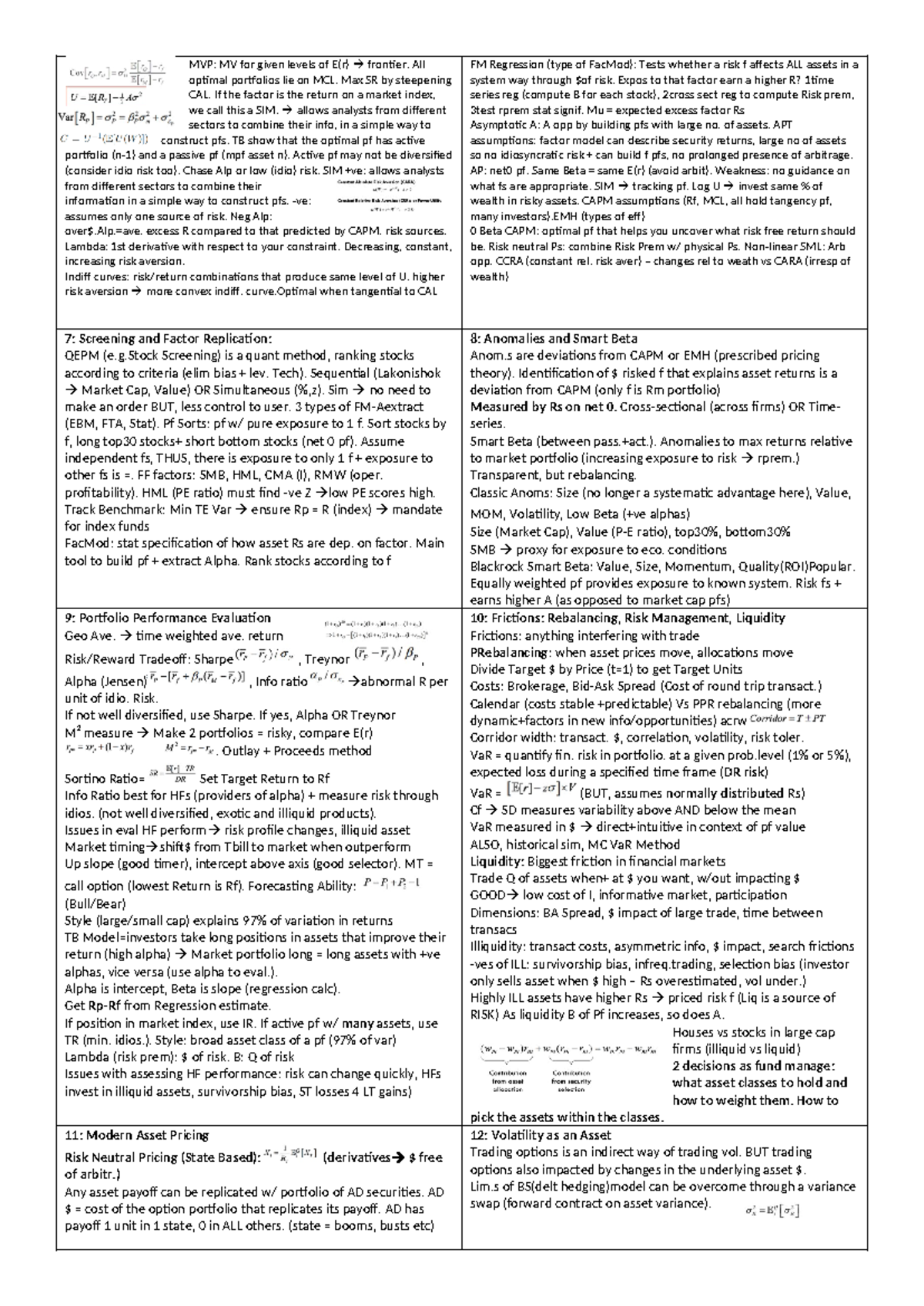 Cheat Sheet - MVP: MV for given levels of E(r) frontier. All optimal ...