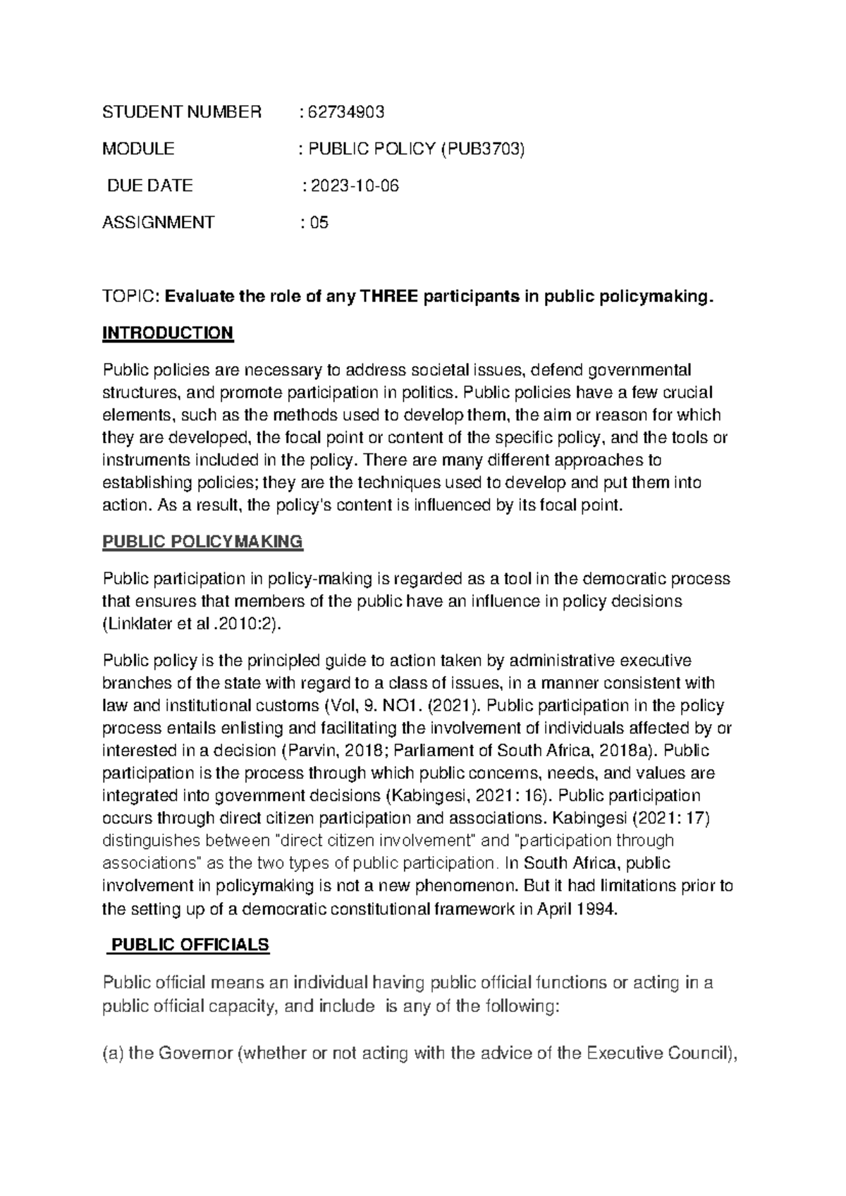 PUB 3703 Assignment 05-2 - STUDENT NUMBER : 62734903 MODULE : PUBLIC ...