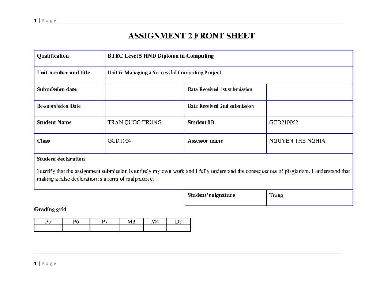 1625 Assignment 2 Tran Quoc Trung - 1 | P a g e ASSIGNMENT 2 FRONT SHEET Qualification BTEC ...
