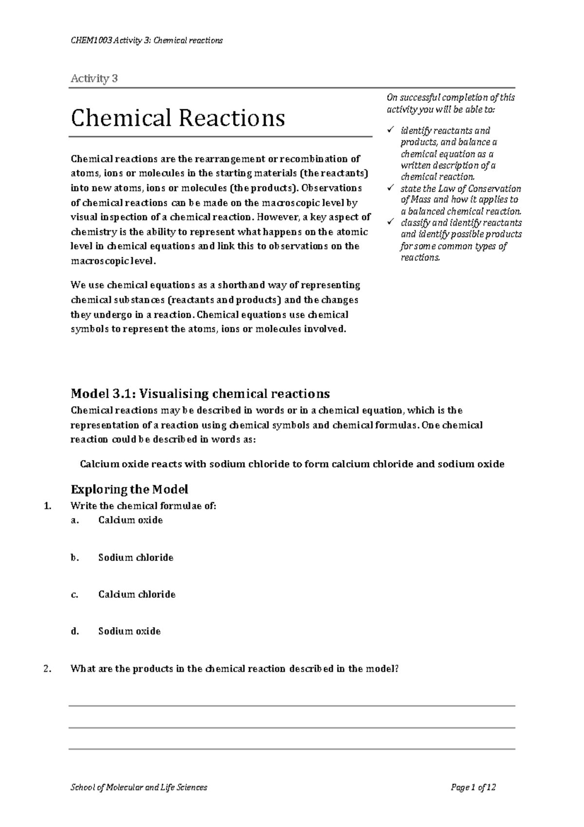2020 CHEM1003 Activity 3 - Activity 3 Chemical Reactions Chemical ...