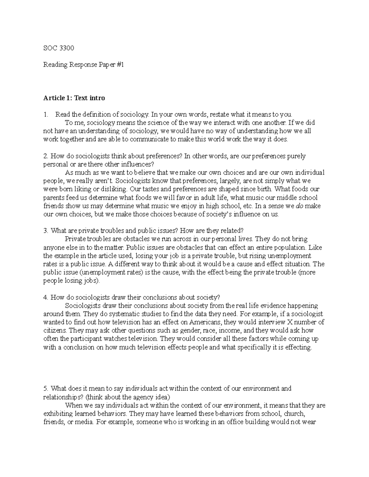 Soc reading response 1 - rr 1 - SOC 3300 Reading Response Paper ...