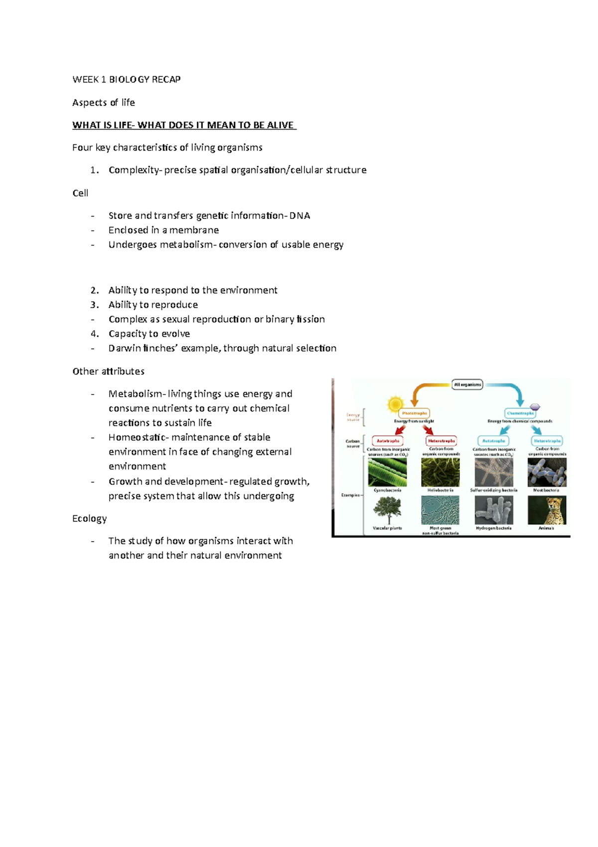WEEK 1 Biology Recap - notes to help you suceed - WEEK 1 BIOLOGY RECAP ...