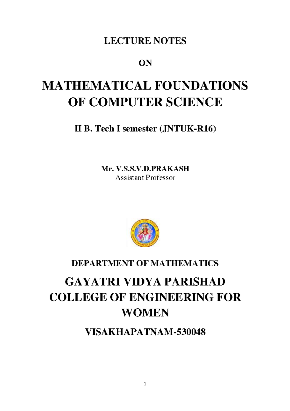 2 CSE MFCS - NIL - LECTURE NOTES ON MATHEMATICAL FOUNDATIONS OF ...