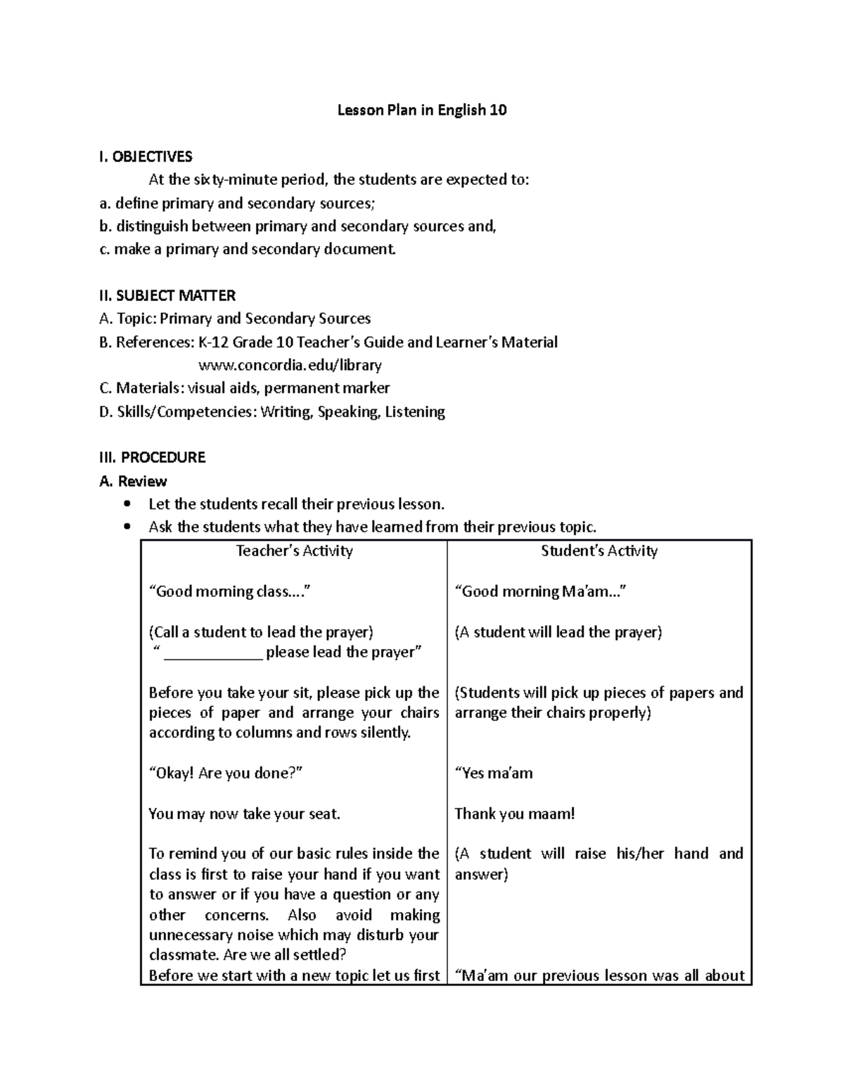 Detailed Lesson Plan in English 10 - Lesson Plan in English 10 I ...