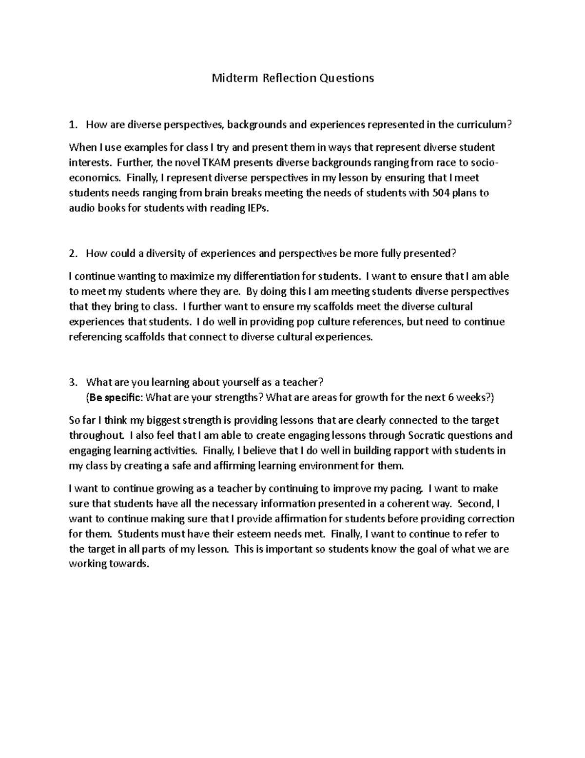 Midterm Reflection - Student teaching work - Midterm Reflection ...