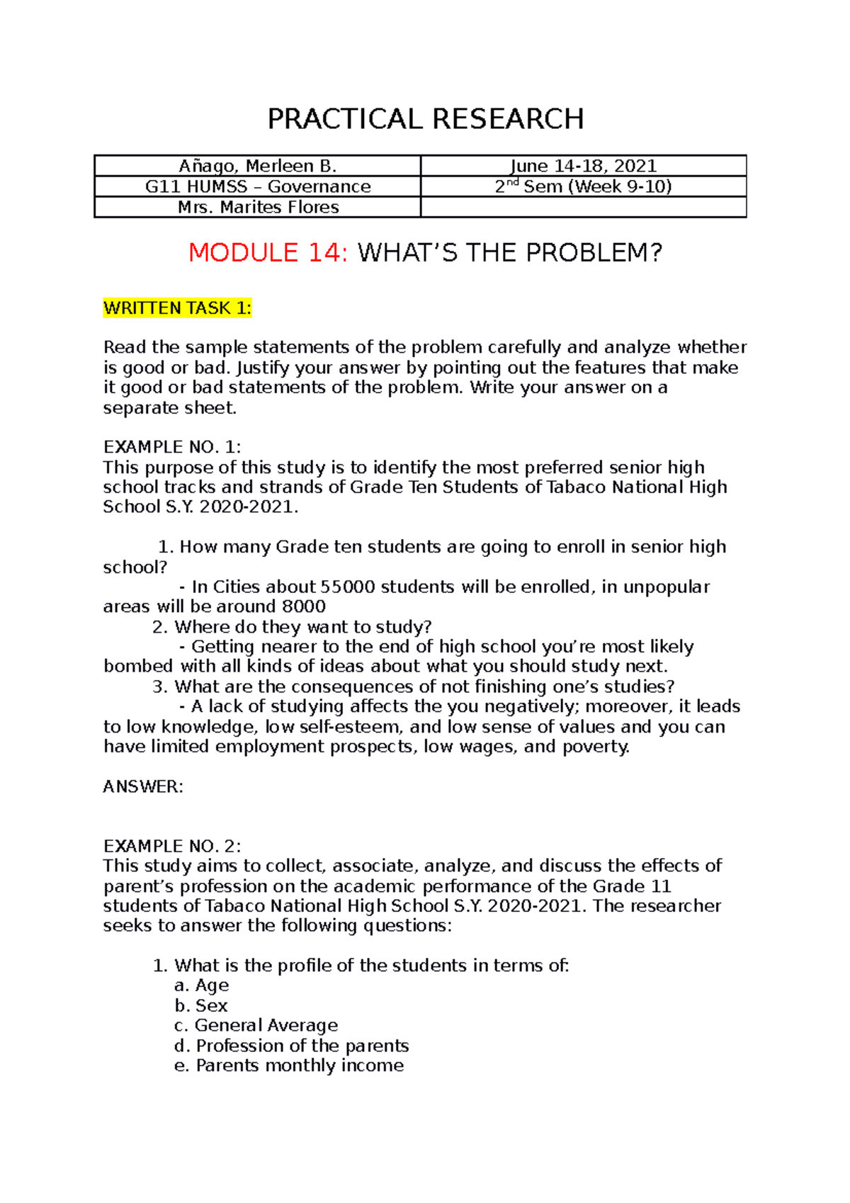 PRAC - idunno hahahhahahahahahhha - PRACTICAL RESEARCH Añago, Merleen B ...