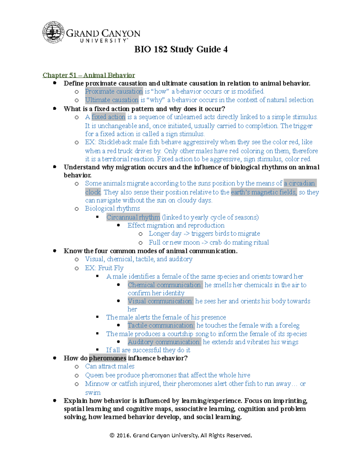 Study Guide 4 182 - BIO 182 Study Guide 4 Chapter 51 Animal Behavior ...