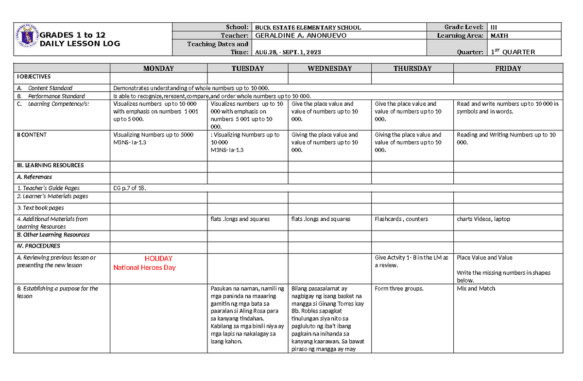 DLL MATH-3 Q1 W1 - DLL MATH-3 Q1 W1 - GRADES 1 to 12 DAILY LESSON LOG ...