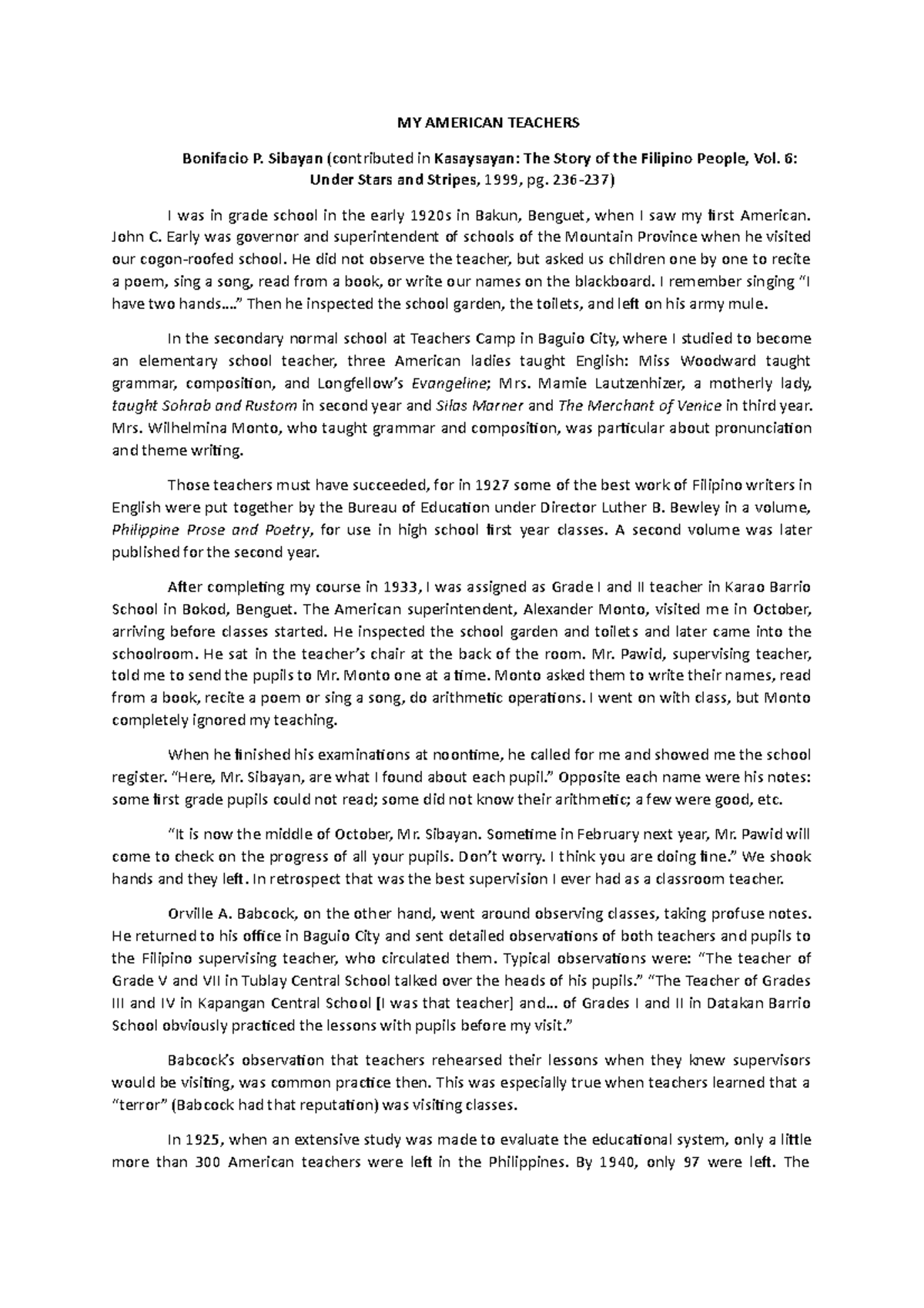 Kasaysayan: The Story of the Filipino People - MY AMERICAN TEACHERS Bonifacio P. Sibayan - Studocu