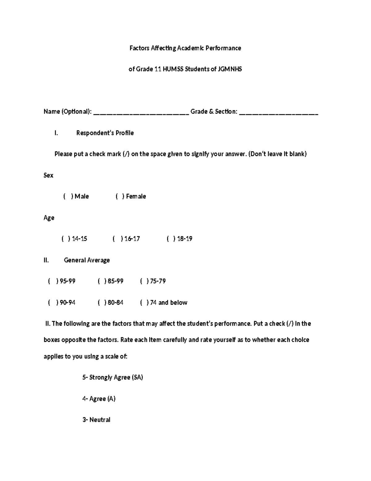 Questionnaire III - questions - Factors Affecting Academic Performance ...