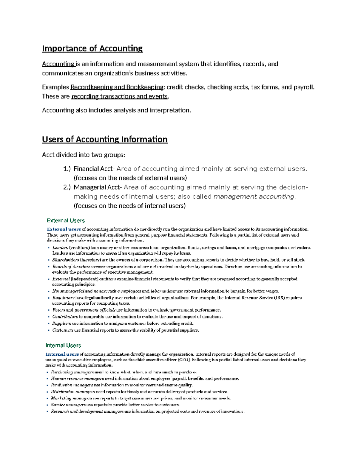 Ch1 Notes - Intro to Accounting - Importance of Accounting Accounting ...