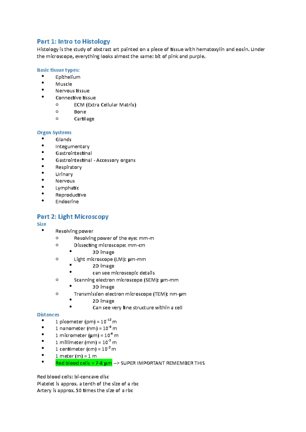 Module 1 Notes - Intro to Histology - Part 1: Intro to Histology ...
