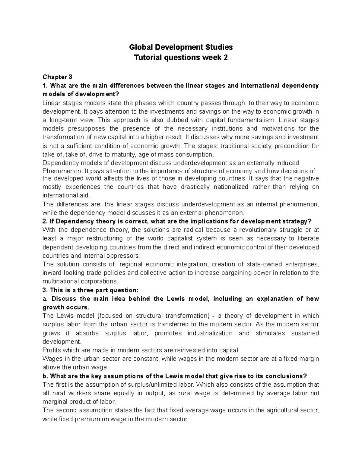 GDS 2 tutorial - Global Development Studies Tutorial questions week 2 Chapter 3 What are the ...