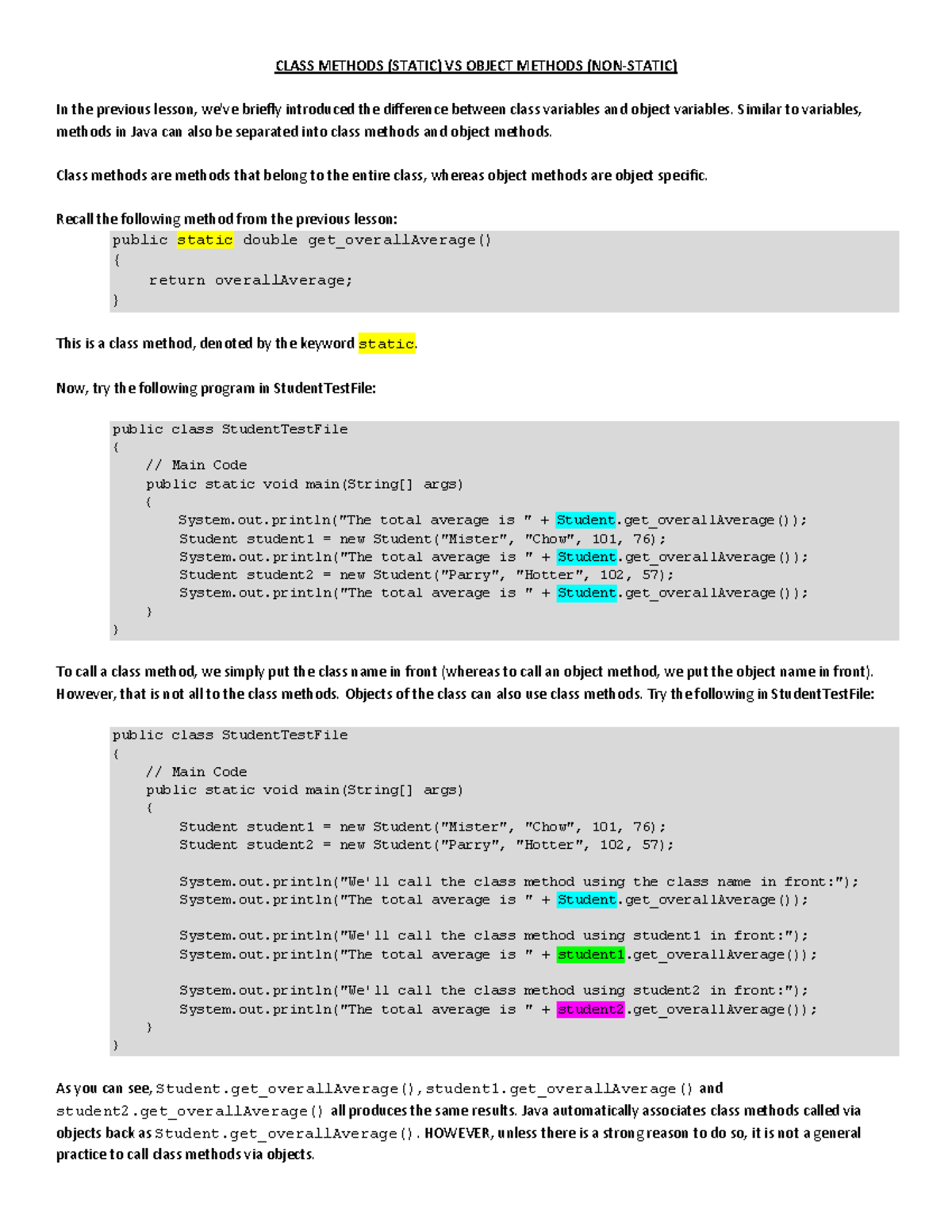 Lesson 5 Class Methods Vs Object Methods Class Methods Static Vs