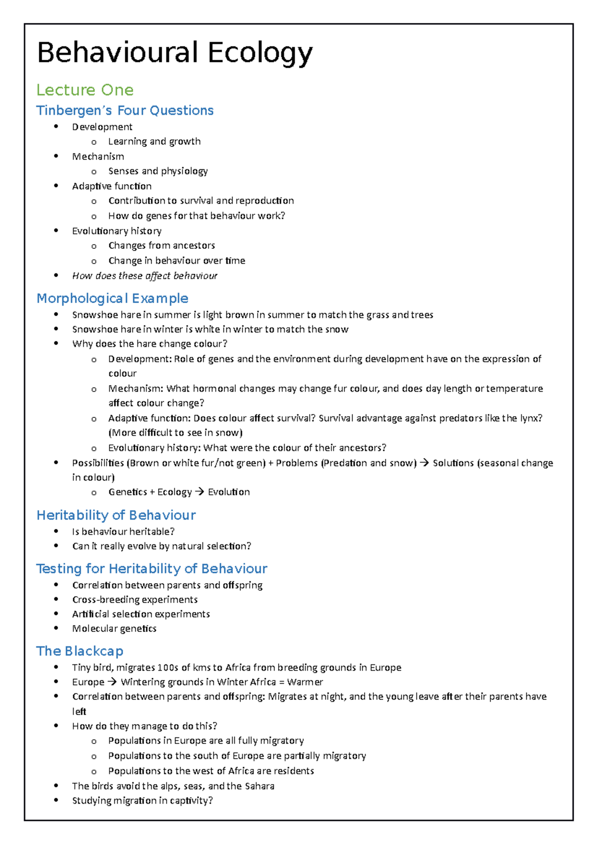 Behavioural Ecology Lecture Notes - Lecture notes, lectures 1 - 6 ...