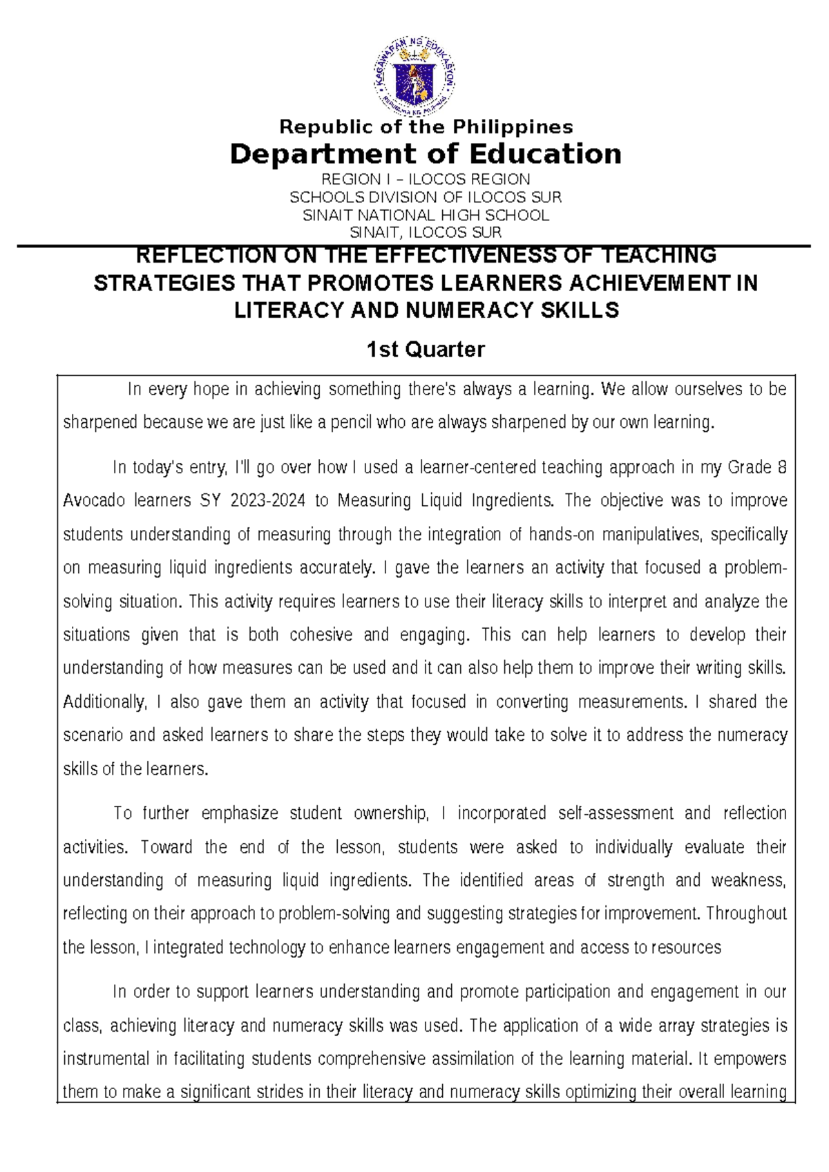 Reflection- Objective-2 2024 - Republic of the Philippines Department ...