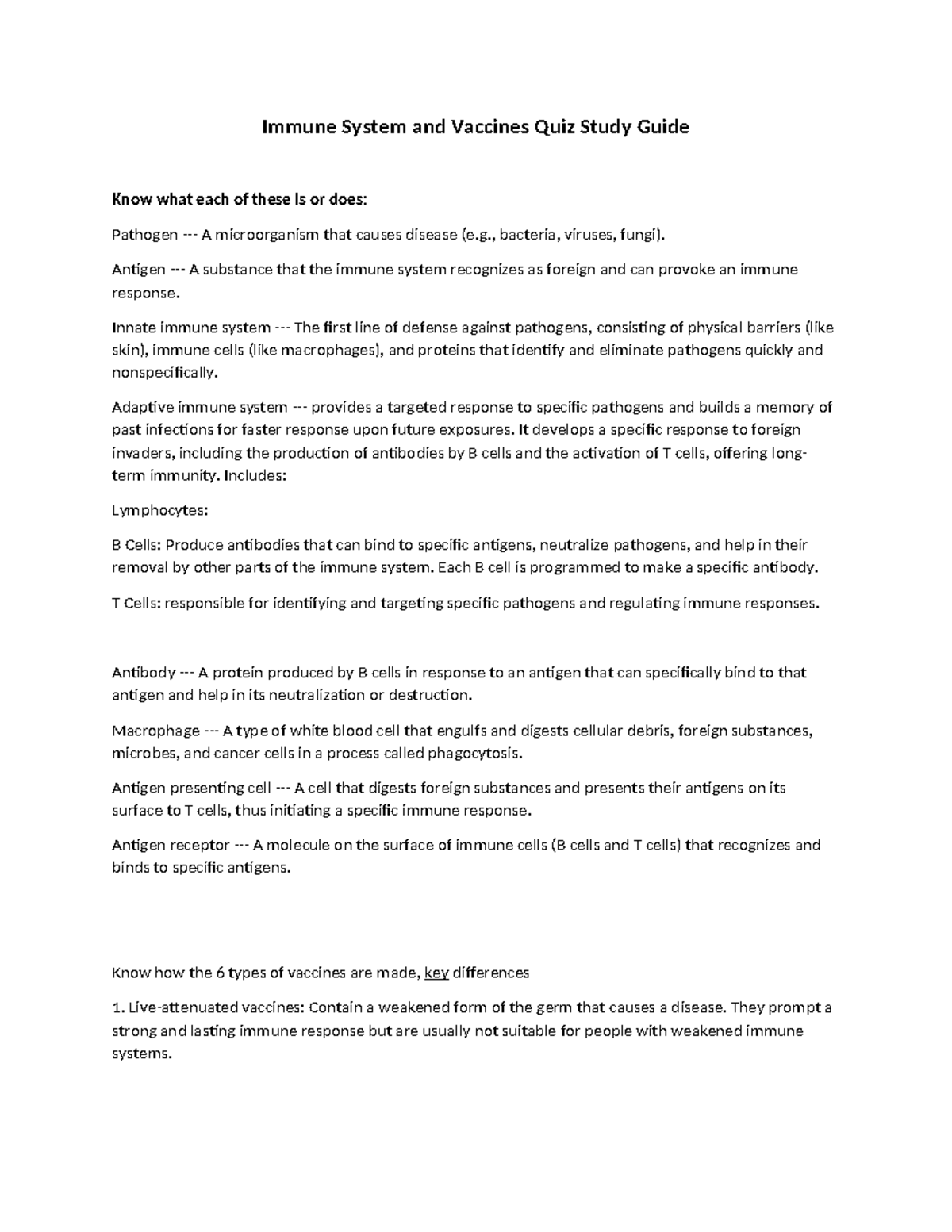 Immune system and vaccines quiz study guide - Immune System and ...