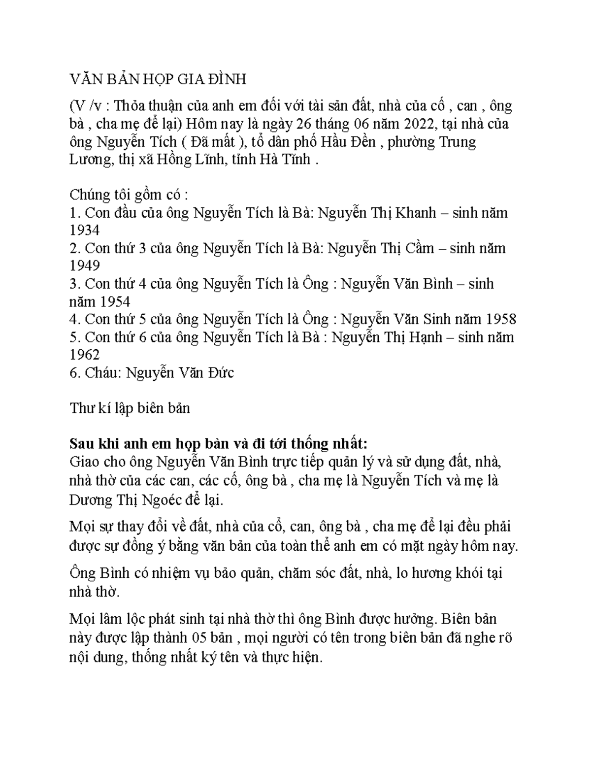 VĂN BẢN HỌP GIA ĐÌNH - fefeffe - VĂN BẢN HỌP GIA ĐÌNH (V /v : Thỏa ...