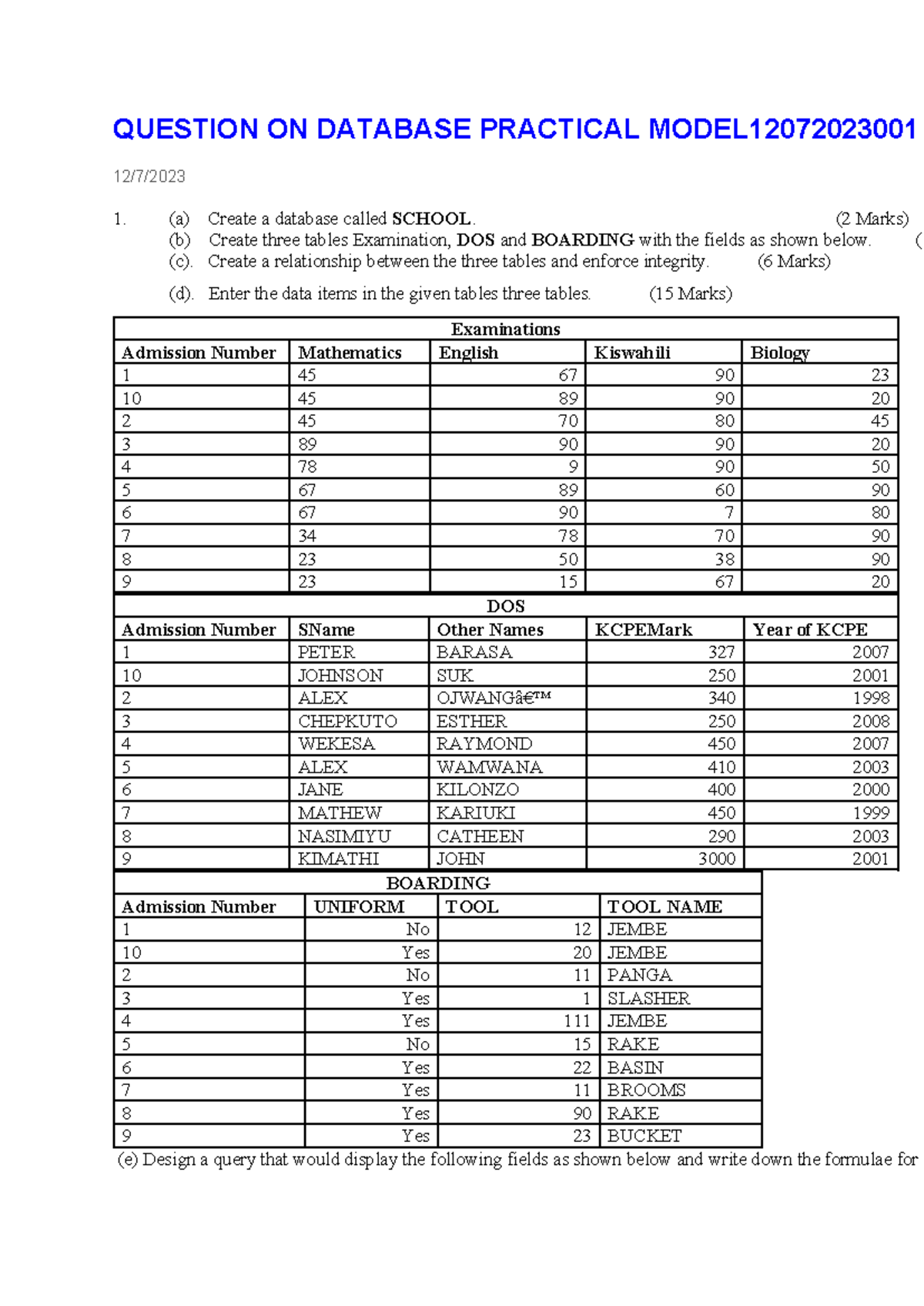 Question ON Database Practical Model 12072023001 - QUESTION ON DATABASE PRACTICAL MODEL 12/7/ 1 ...