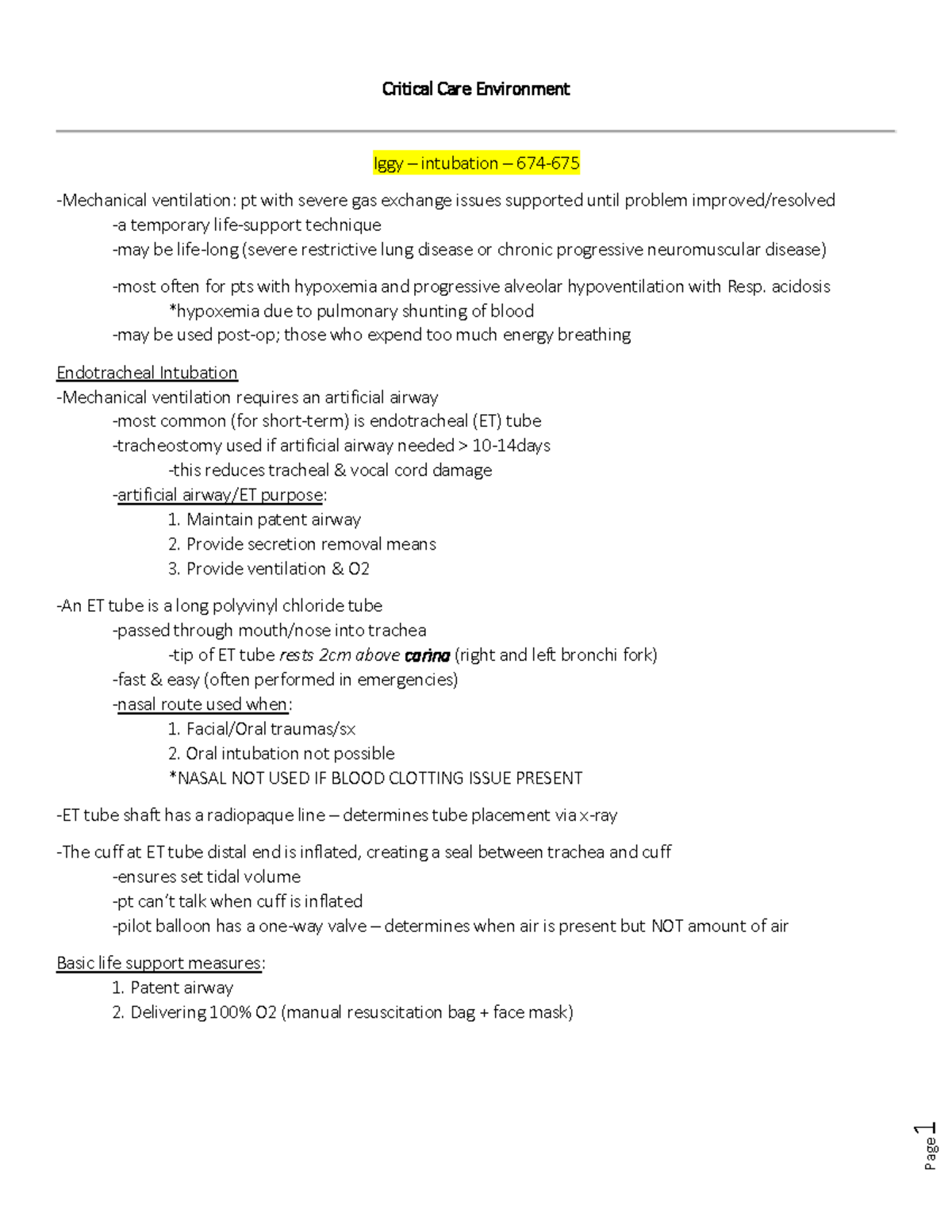 Intubation - ET tube - Lecture notes 5 - 1 Critical Care Environment ...