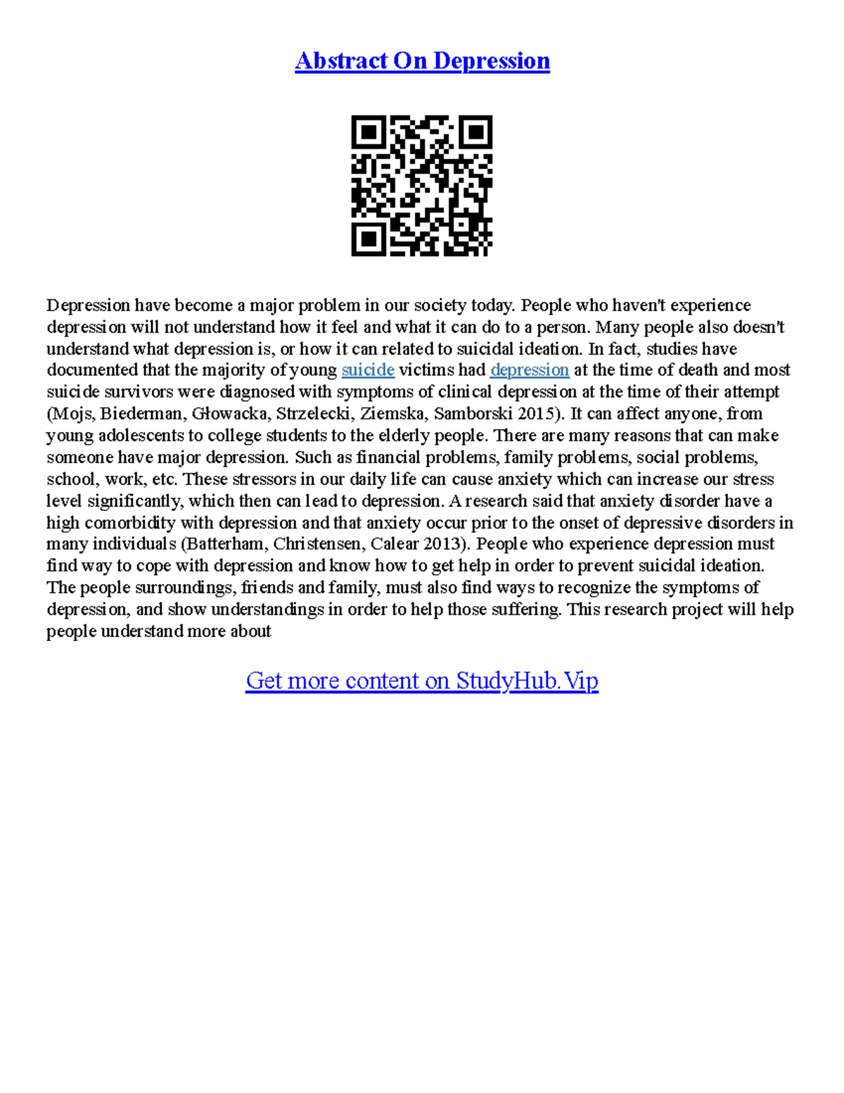 Abstract Essay Example - Abstract On Depression Depression have become ...