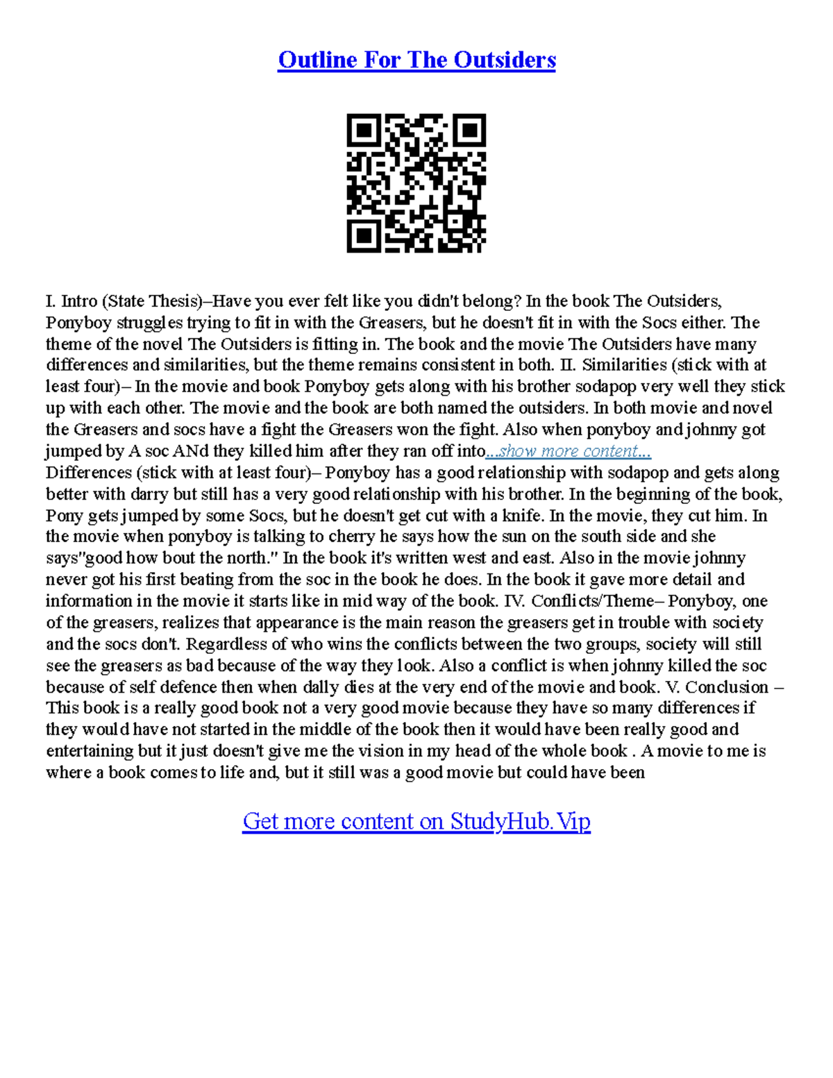 Compare Essay Outline - Outline For The Outsiders I. Intro (State ...