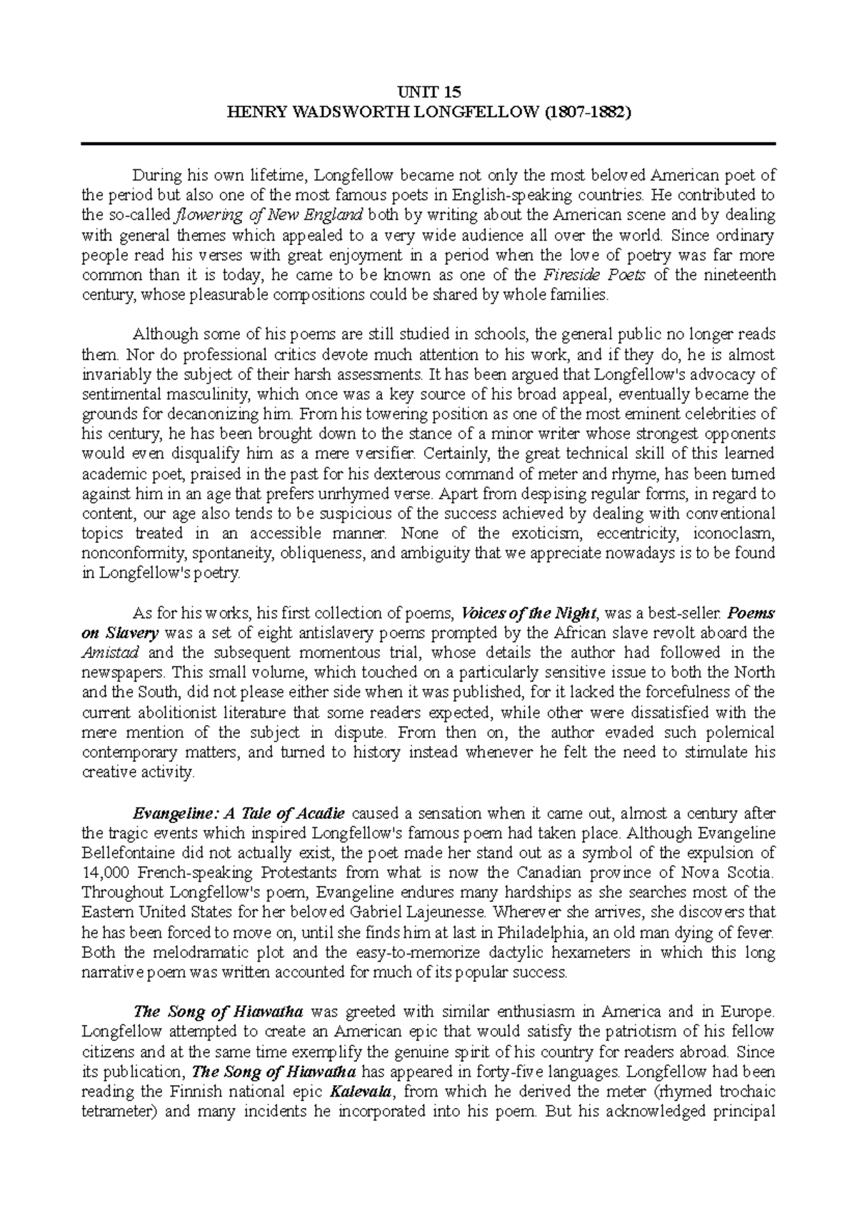 Unit 15 - Henry Wadsworth Longfellow - UNIT 15 HENRY WADSWORTH ...