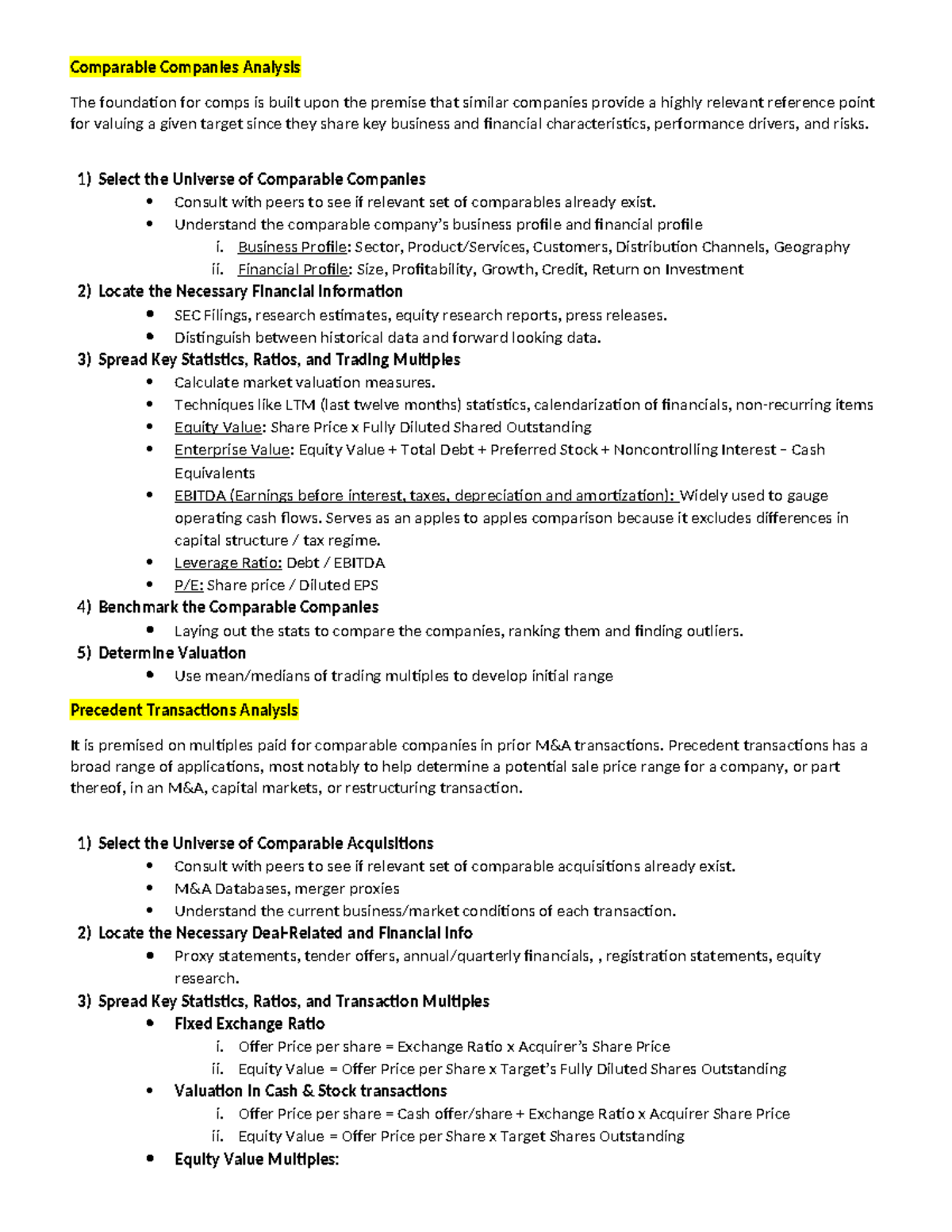 Quiz 1 Notes - Comparable Companies Analysis The foundation for comps ...