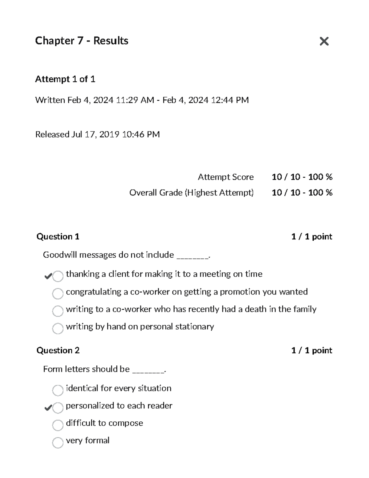 Quiz7 - xxxxxxxxx - Chapter 7 Attempt 1 of 1 ‐ Results Written Feb 4, 2024 11:29 AMReleased Jul ...