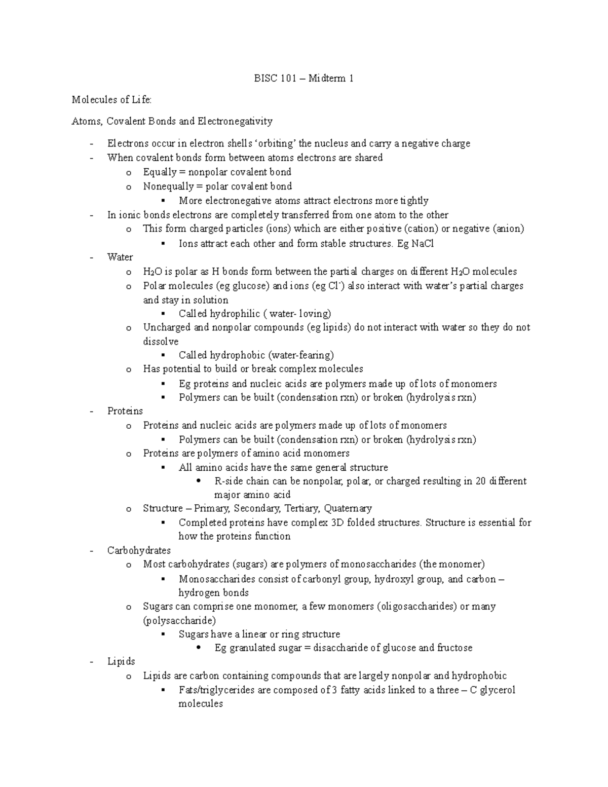 BISC 101 - Midterm 1 Notes - BISC 101 – Midterm 1 Molecules of Life ...
