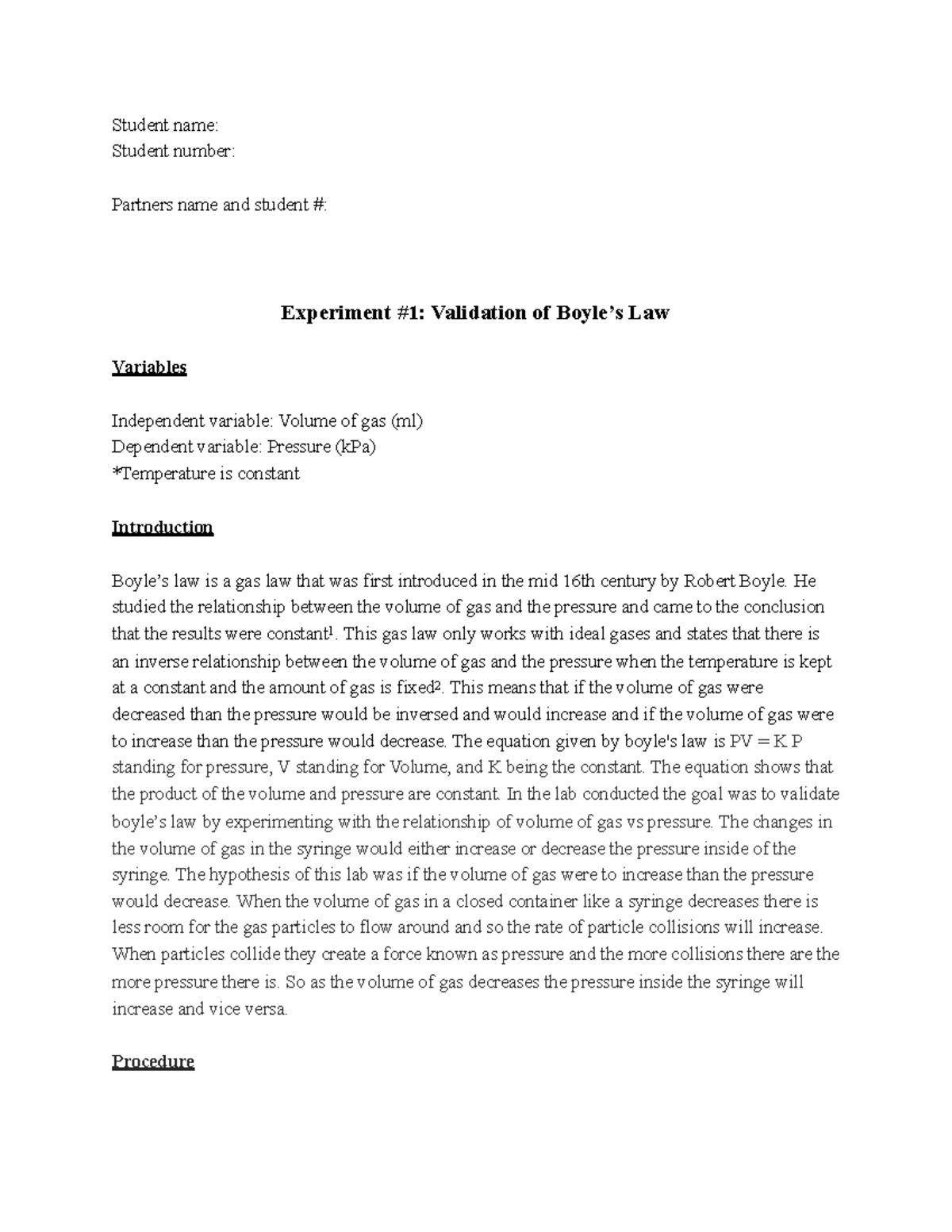 Chem Lab 1 Report - Student name: Student number: Partners name and ...