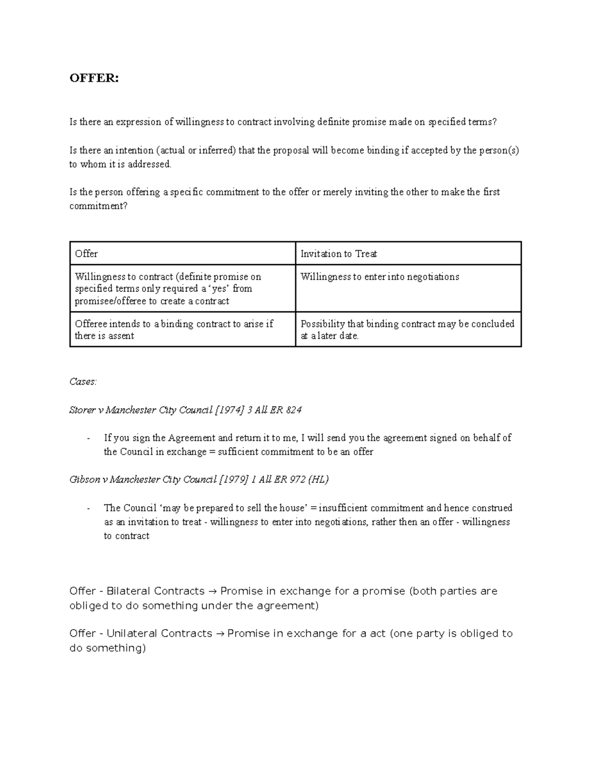 Offer + Acceptance - OFFER: Is there an expression of willingness to ...